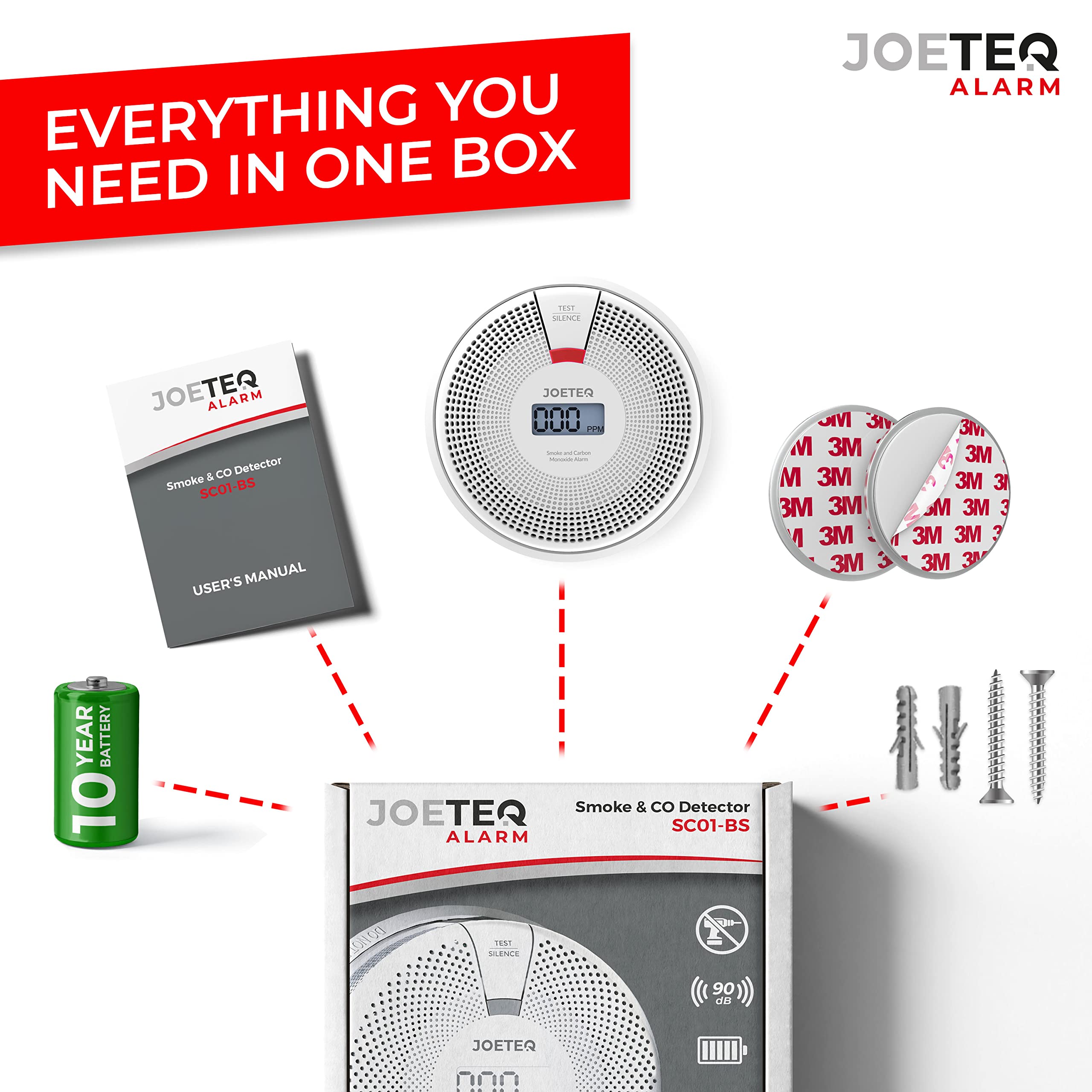 JOETEQ 2-in-1 Smoke and Carbon Monoxide Detector 10 Year Battery Operated Included - No Drilling Easy Adhesive Installation, SC01-BS, 1pcs