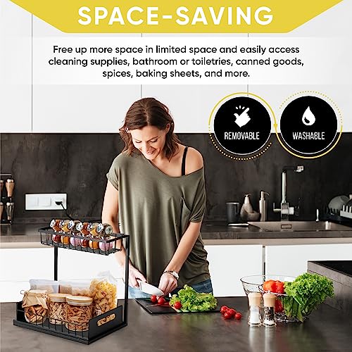 Under Sink Organizer,Metal Pull Out Kitchen Cabinet Organizer with Sliding Drawer,Sturdy Multi-Functional for Bathroom Organization,Black
