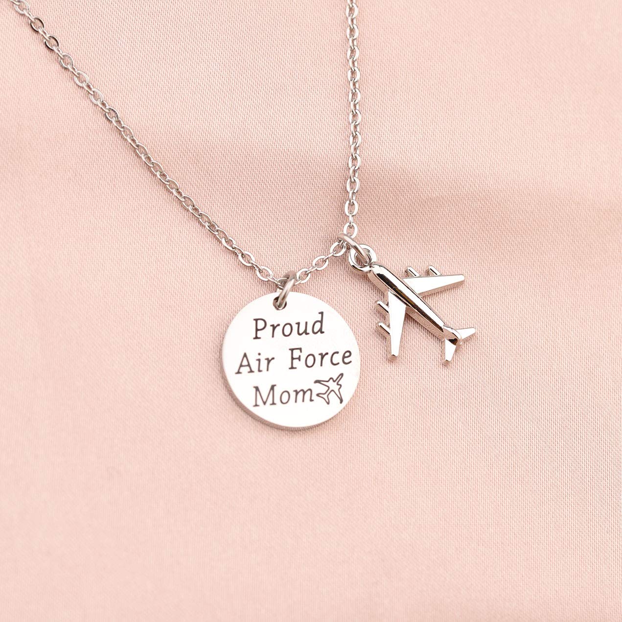 LQRI Airforce Mom Gift Proud Air Force Mom Necklace Airplane Charm Military Deployment Gift Long Distance Relationship Necklace for Mother (silver)