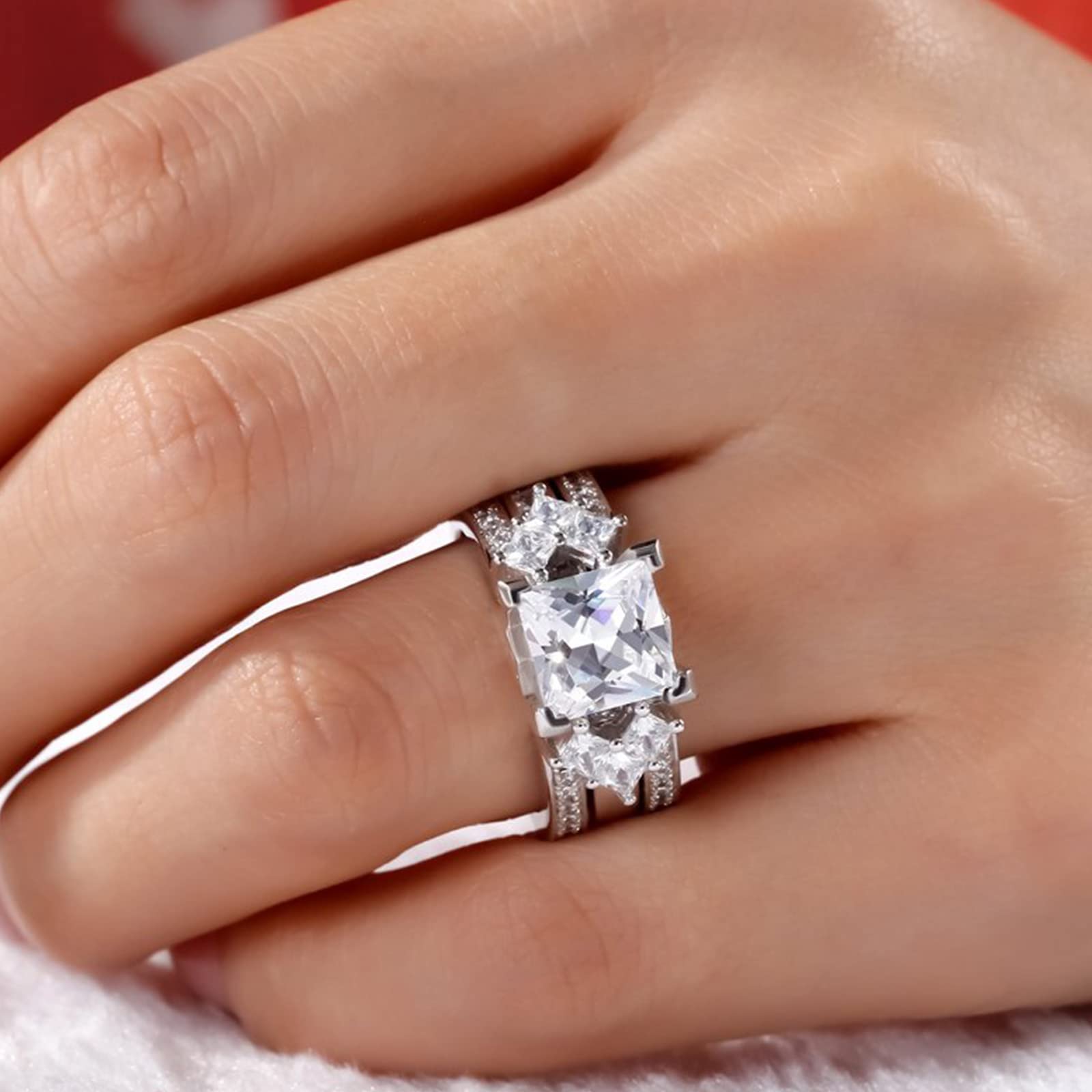 Jeulia 4.1 Carat Bridal Ring Sets for Women Princess Cut Engagement Rings Sterling Silver Wedding Band Interchangeable Rings Promise Anniversary with Jewelry Box (White, 7)