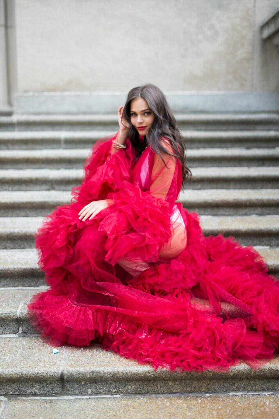 Ladies Dressing Gown Perspective Sheer Long Tulle Robe Puffy Pregnancy Photoshoot