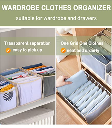Wardrobe Clothes Organizer, 7 Grids Drawer Organizers for Clothing, Bedroom clothes organizer for folded clothes, Closet Organizers and Storage Baskets for Pants,T-Shirts, Jeans (5 Pack 2M+3L)