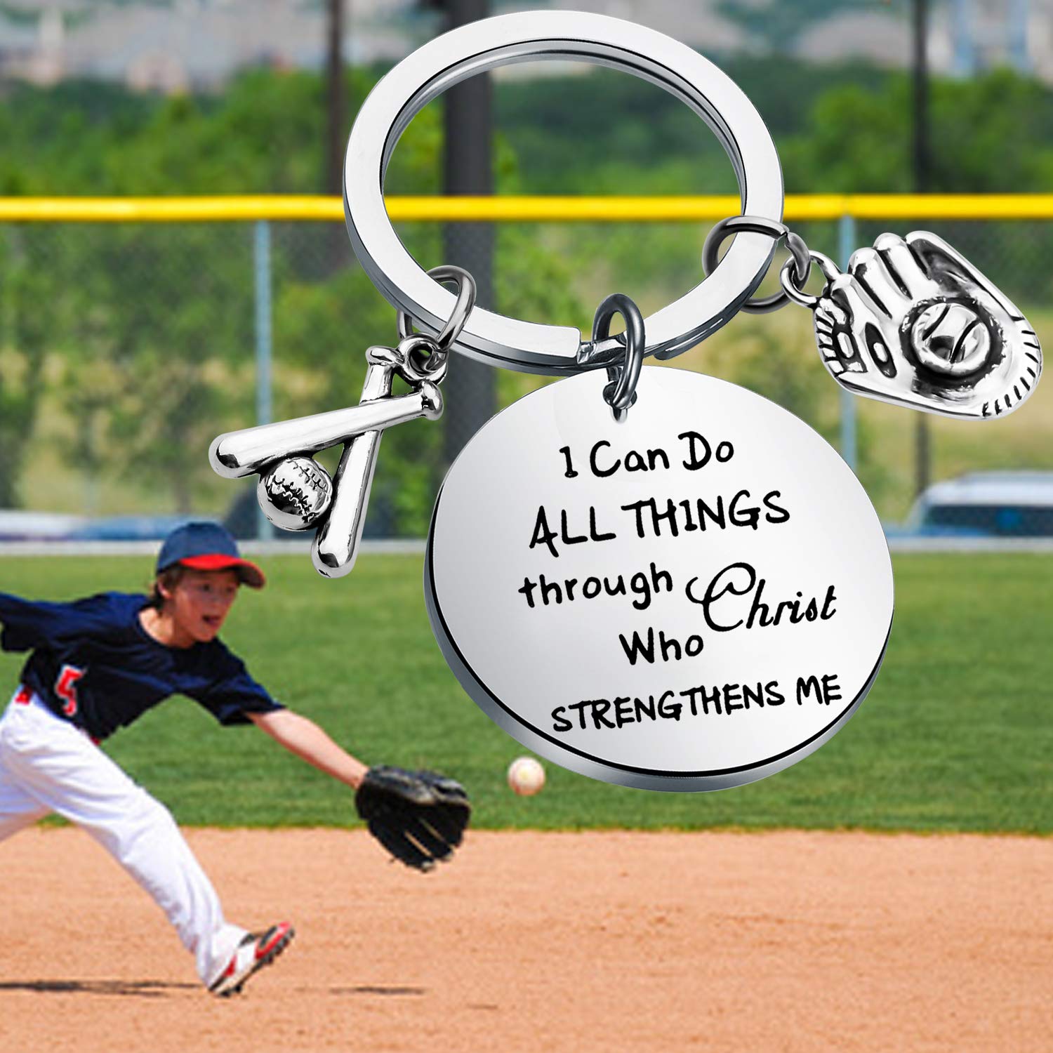 LQRI Baseball Keychain Baseball Player Gift Baseball Coach Gift I Can Do All Things Through Christ Who Strengthens Me Keychain Baseball Jewelry Softball Jewelry Gift (sliver)
