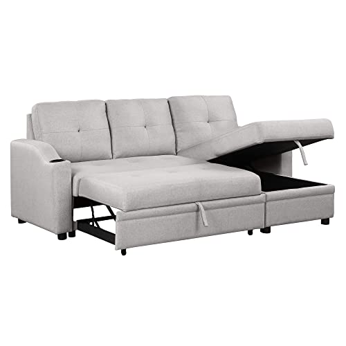 UBGO Modular, L-Shaped Living Room Furniture Sets,Pull Modern Padded Upholstered Sofa Bed, Linen Fabric 3 Seater Storage Chaise and Cup Holder, Couch for Small Spaces,Gray