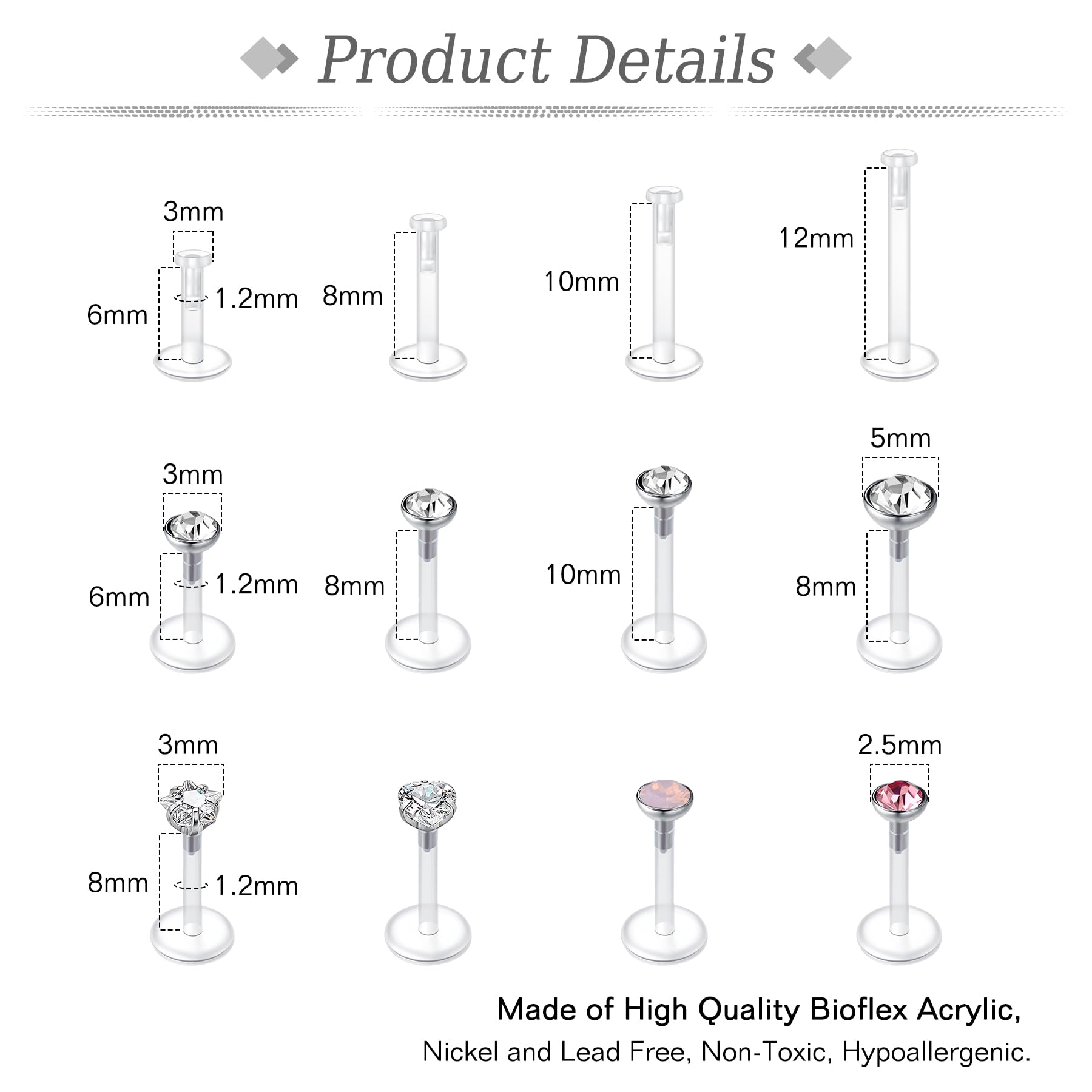 JFORYOU 8 Pcs Cartilage Earrings Set Ear Piercing 16G Clear Ball Studs as Retainer Cartilage Hilix Tragus Earrings Body Piercing Jewelry