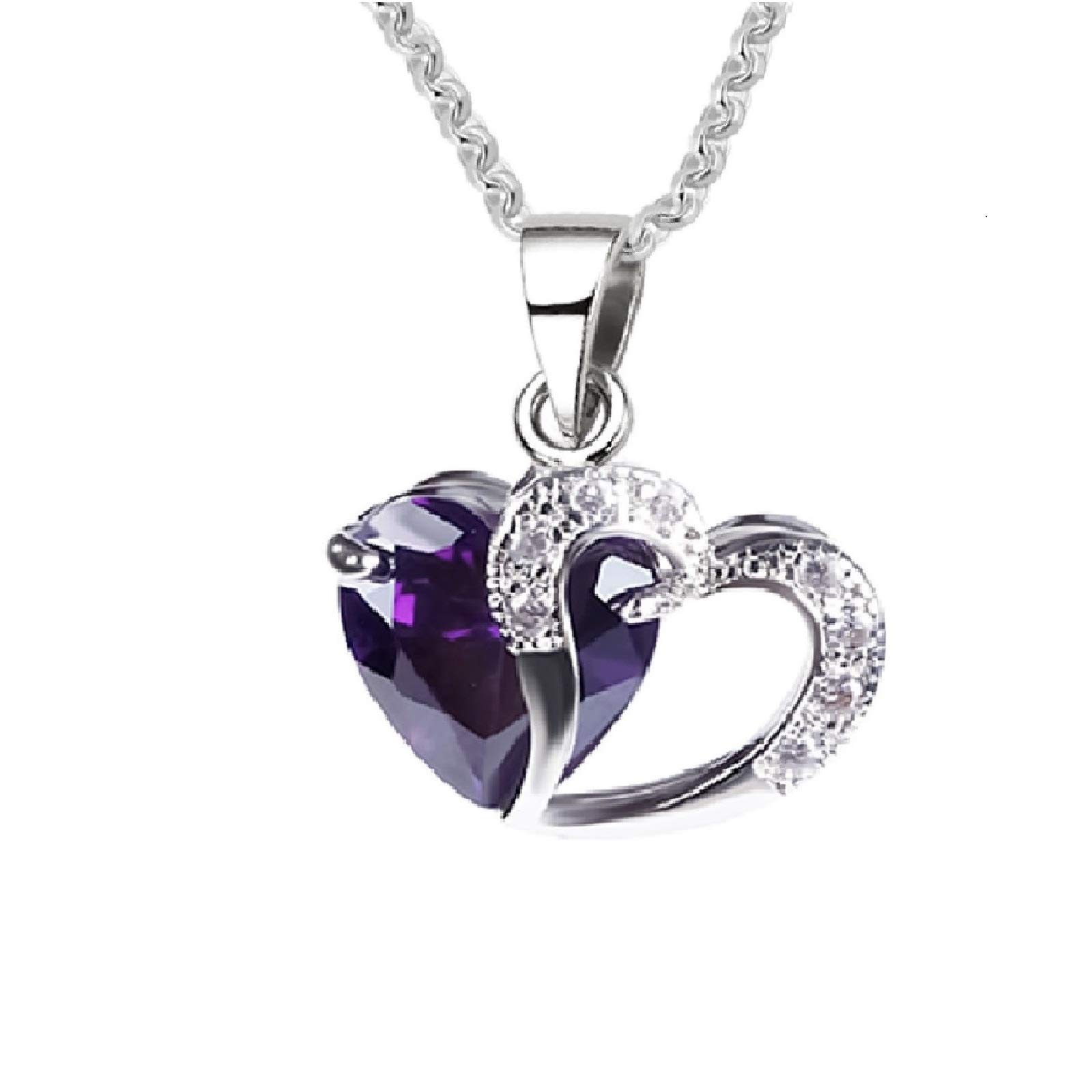 Jeulia 925 Silver Double Heart Pendant Necklace Amethyst Diamond Pendant with CZ Stone Romantic Jewelry Gifts for Her Motherâs day Aniversary Promise Gift (Silver) (Purple)