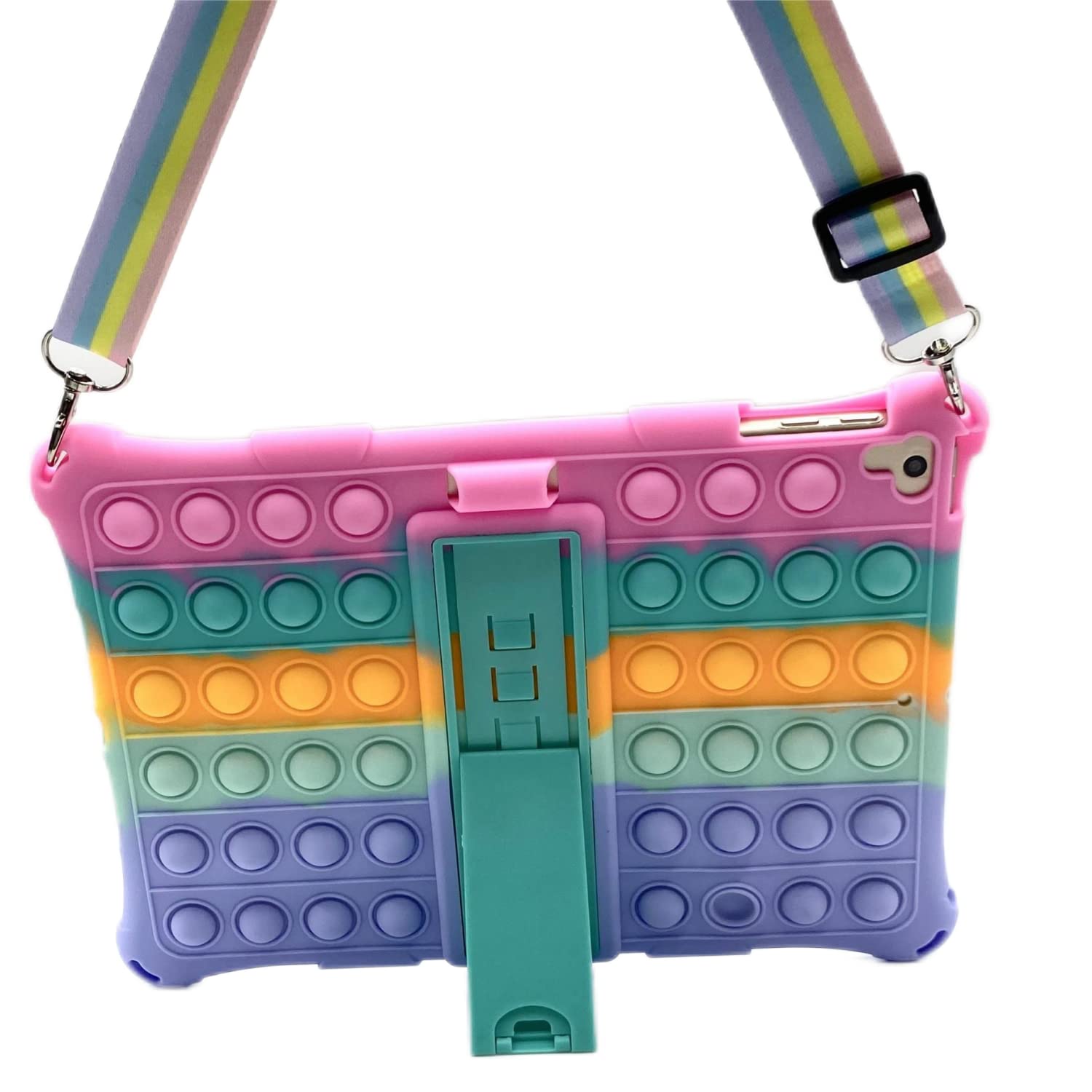 IPad 5th Generation Kids Case, UFAINEI IPad 6th Generation Kids Case, Kids Case for iPad 9.7 inch with Kickstand, Shoulder Strap and Pencil Holder, Bubble Popit Case for iPad Pro 9.7 inch-Rainbow Pink