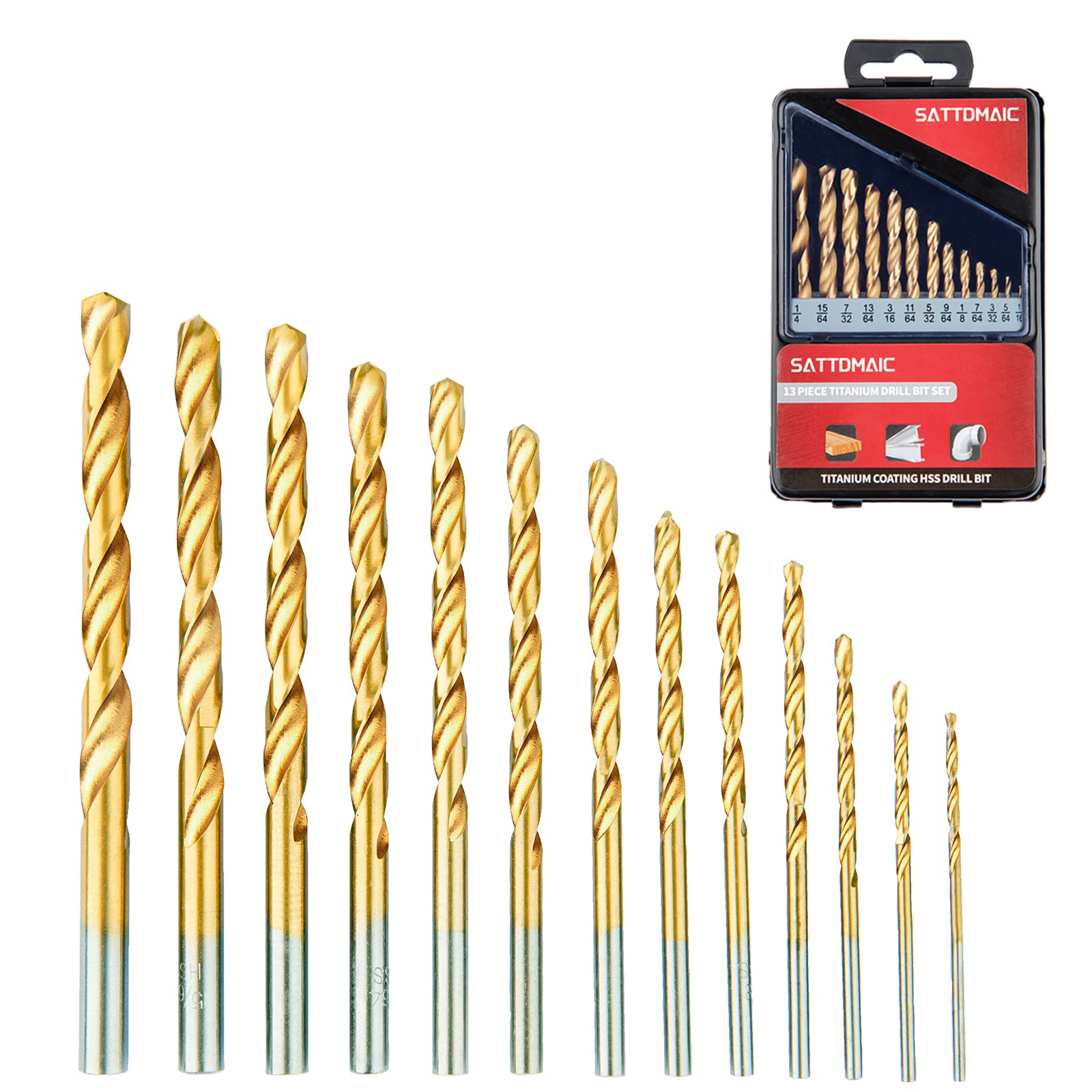 SATTDMAIC 13Pcs Drill Bit Set, HSS Metal Drill Bits with Titanium Finish, 1/16â-1/4â for Wood, Plastic, Aluminum Alloy, Metal, with Metal Drill Index (Drill bit Set)