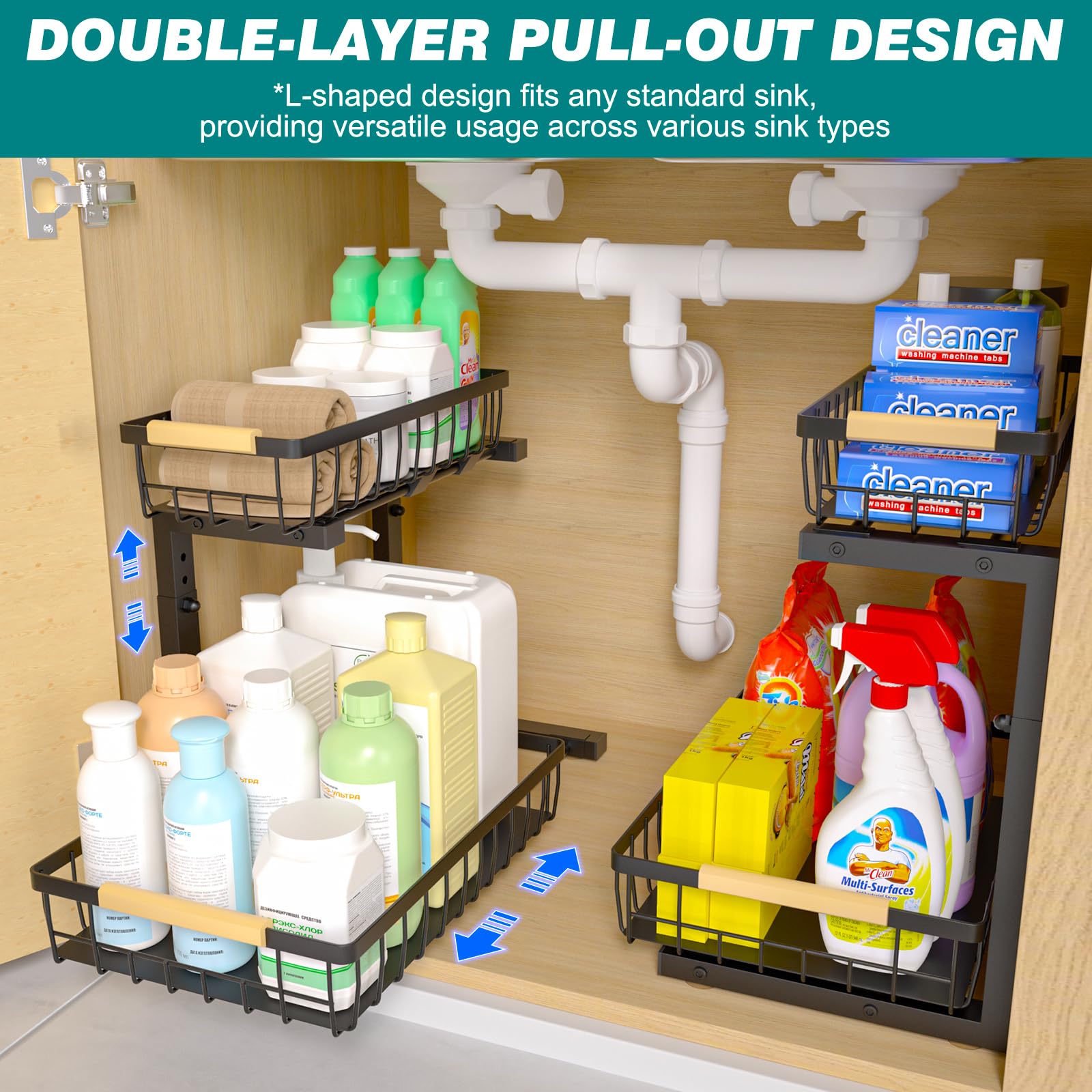 Under Sink Organizer and Storage 2 Pack Height Adjustable Pull Out Cabinet Drawers Organizer 2 Tier Metal Slide Out Sink Shelf Cabinet Storage Shelves for Kitchen Bathroom Cabinet, Black