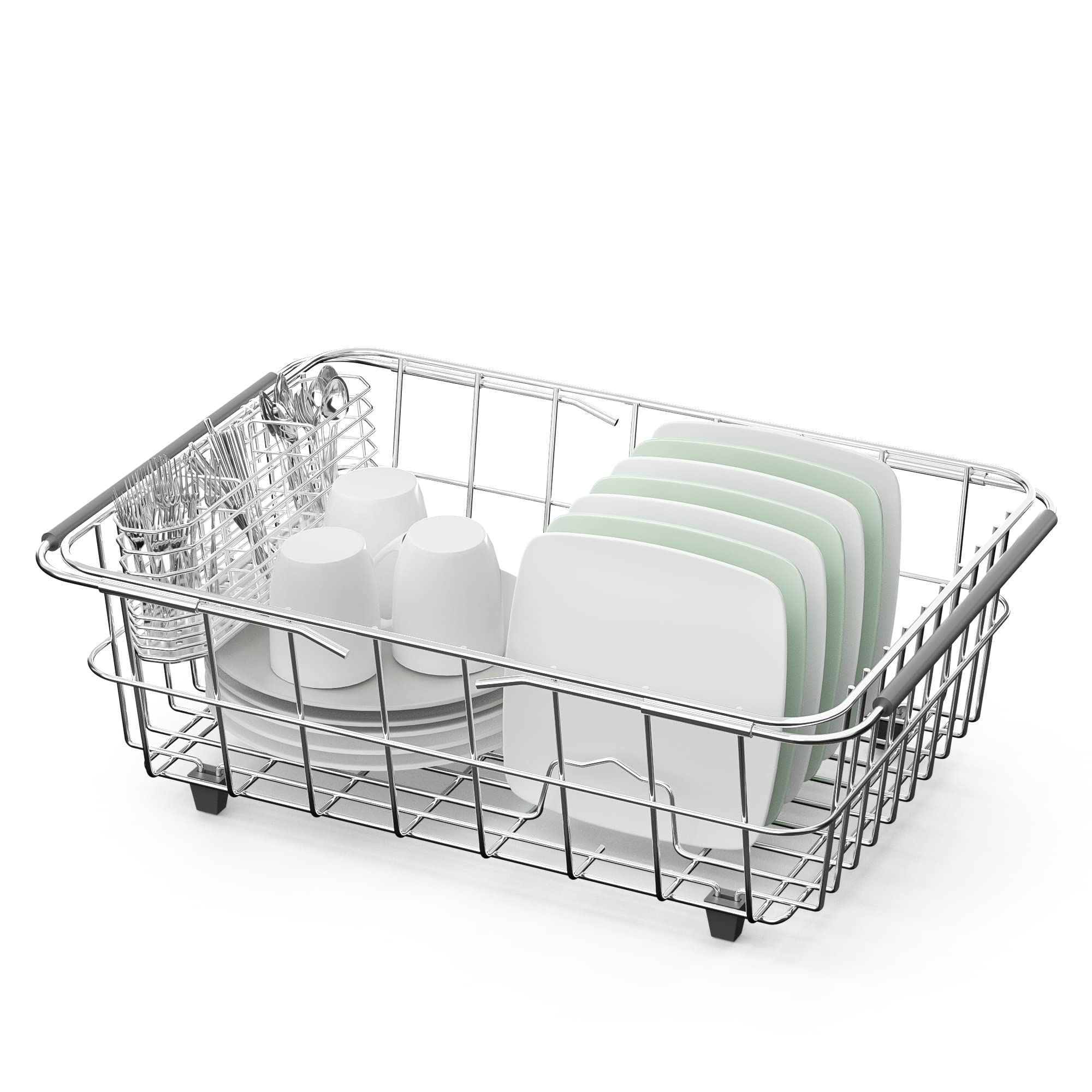 JAQ Dish Drainer in Sink Adjustable 14.96" to 20.59", Expandable 304 Stainless Steel Metal Dish Drying Rack Organizer with Stainless Steel Utensil Holder Over Inside Sink Counter