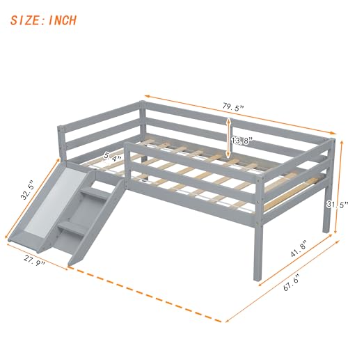 Twin Loft Bed with Slide, Twin Kids Loft Bed with Slide & Ladder, Wood Low Loft Bed Frame with Safety Guardrails, Sturdy Slat Support, Twin Kid Bed Low Loft Bed for Kid, Boys Girls, Grey