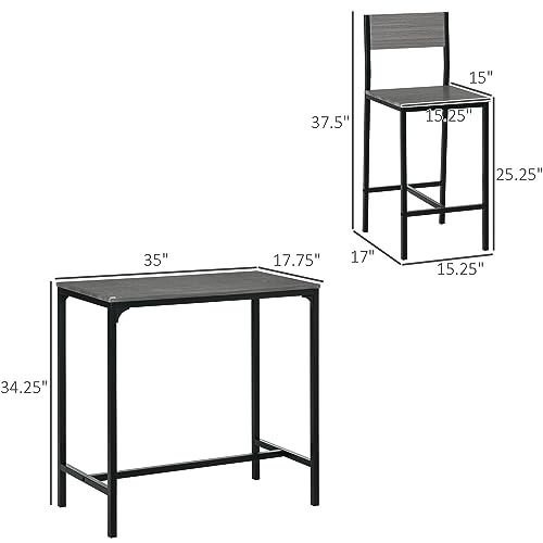 HOMCOM 3 Piece Bar Table and Chairs, Industrial Dining Table Set for 2, Counter Height Kitchen Table with Bar stools, Breakfast Table Set for 2 for Small Space, Gray