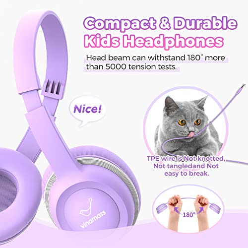 vinamass Kids Headphones, Wired Headphones with 85dB Volume Limiting, 3.5mm Jack Adjustable On Ear Headphones for Kids, Boys, Girls, Study, School