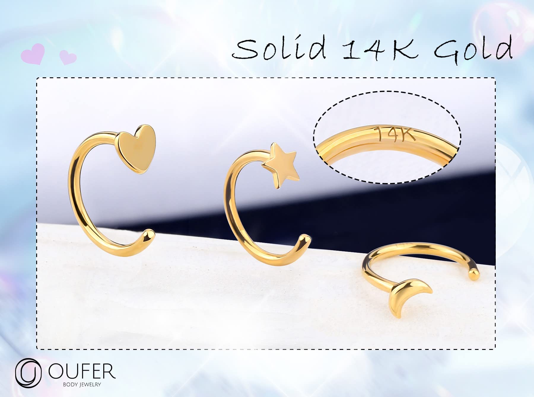OUFER 18G Nose Ring Hoop, 14K Solid Gold Star Design Cartilage Earrings, Nose Piercing Jewelry for Women and Men