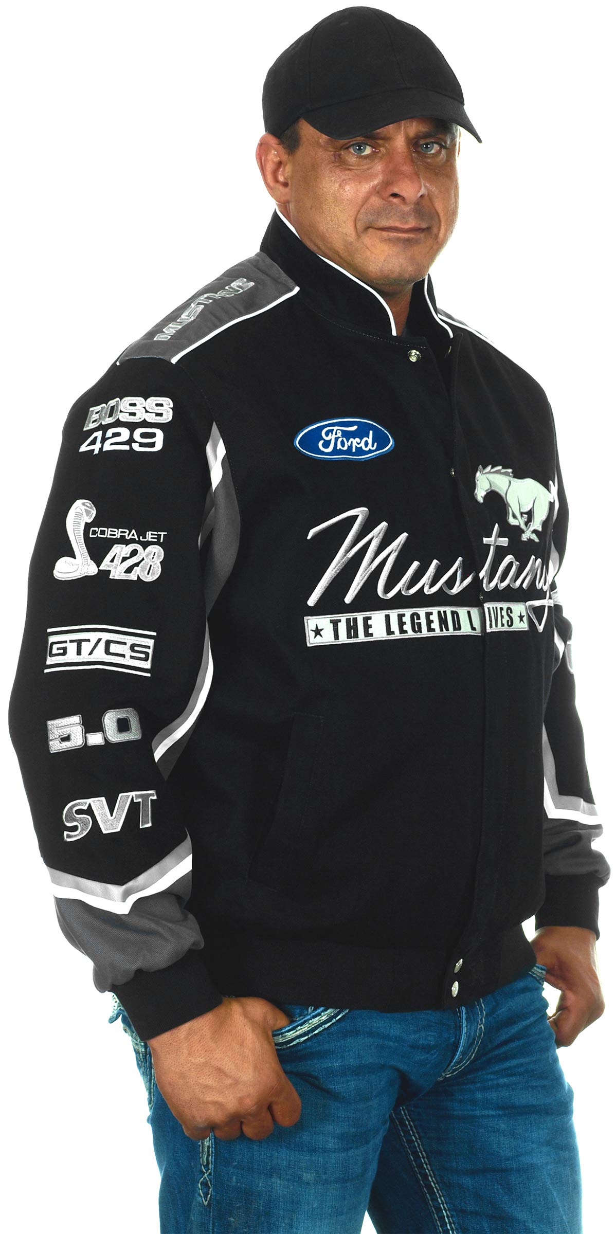 JH DESIGN GROUP Men's Ford Mustang Jacket an Embroidered Cotton Twill Coat (X-Large, CLG7-black)