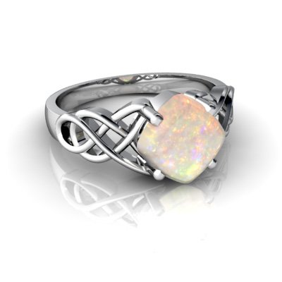 Jewels For Me 14kt White Gold Opal 6mm Cushion Celtic Knot Ring - Size 4