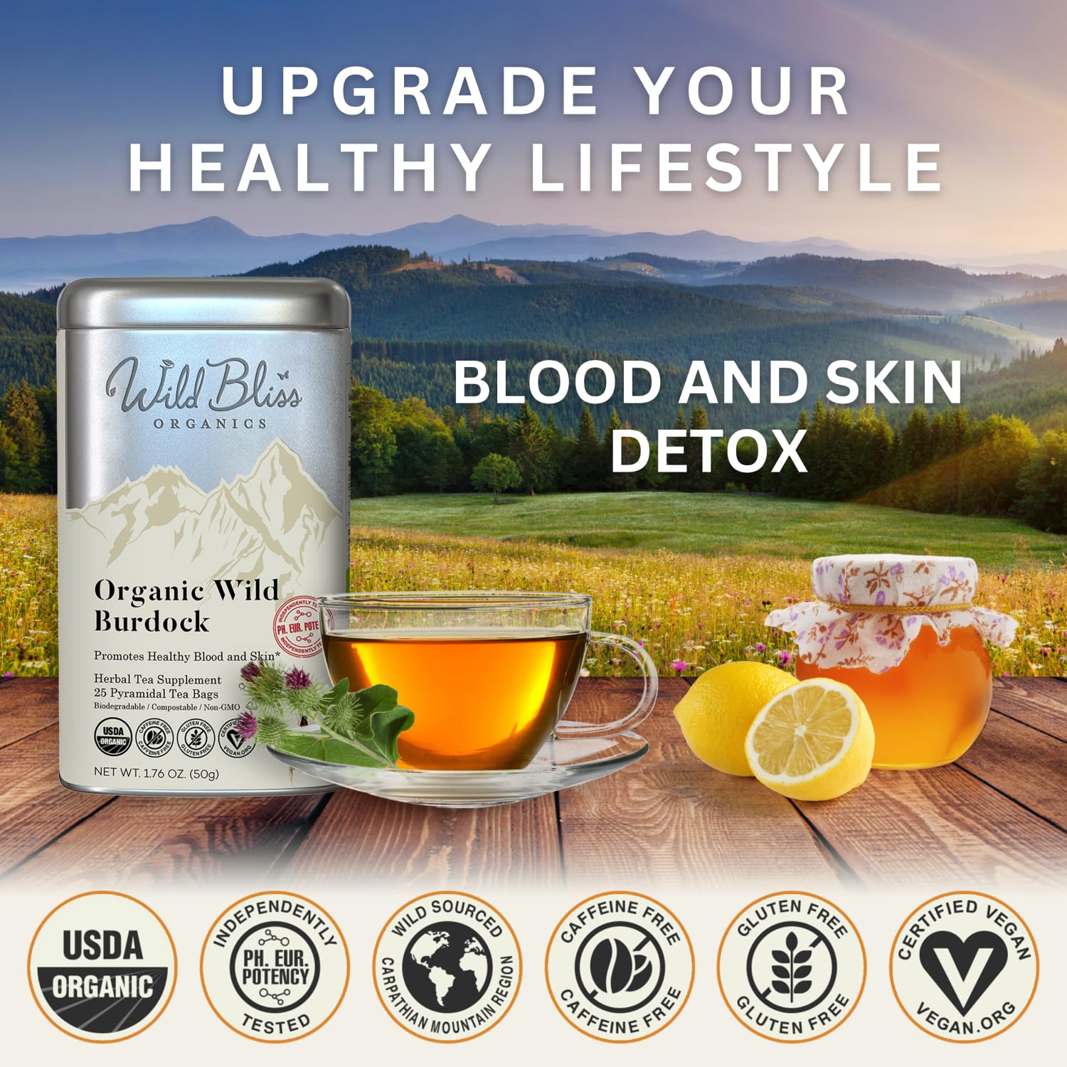 Organic Wild Burdock Root Tea - Caffeine Free Herbal Detox Support - Pharmacopoeia Quality - 25 Plant Based Tea Bags