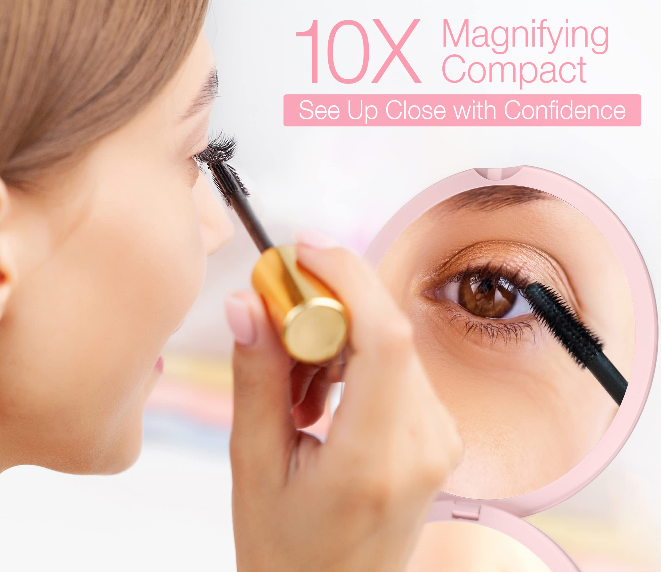 StudioZONE Compact Mirror for Purses - 10X Magnifying - Pink Compact Mirror - Perfect Magnification for Travel - 2-Sided - 10X Makeup Mirror and 1x True View - 4" Diameter