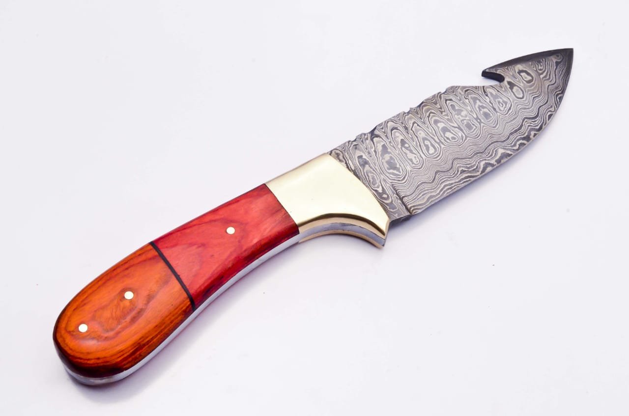 knifehills RARE CUSTOM DAMASCUS GUT HOOK HUNTING SKINNING KNIFE | HARD WOOD HANDLE (H-610)