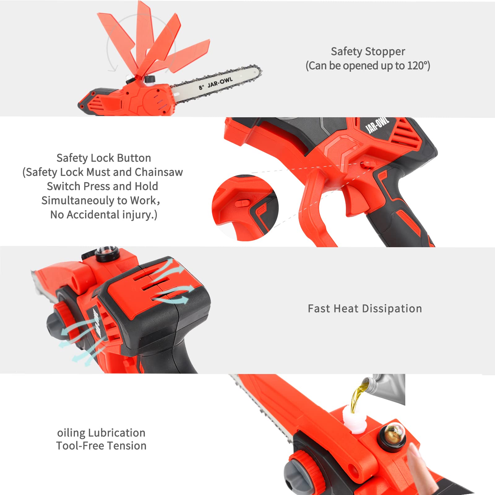 Jar-Owl 21V 8-inch & 6-inch 2.8Lb Cordless Mini Chainsaw - High-end Upgrade with Handheld Electric Auto Oiling System and 2 Big 2000mAh Batteries for Pruning and Cutting Branch Trees