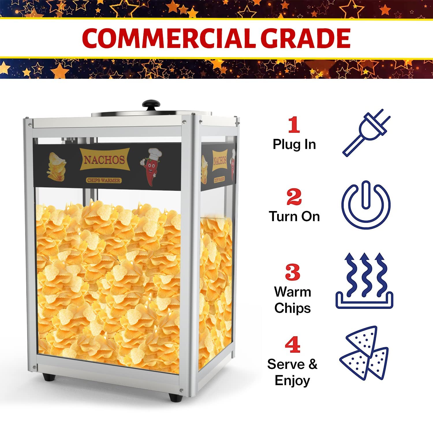 PYY Nacho Warmer Commercial Nacho Machine with Cheese Warmer Chip Warmer Nacho Station Display Stainless Steel Frames with 3 Styles Banner Stickers