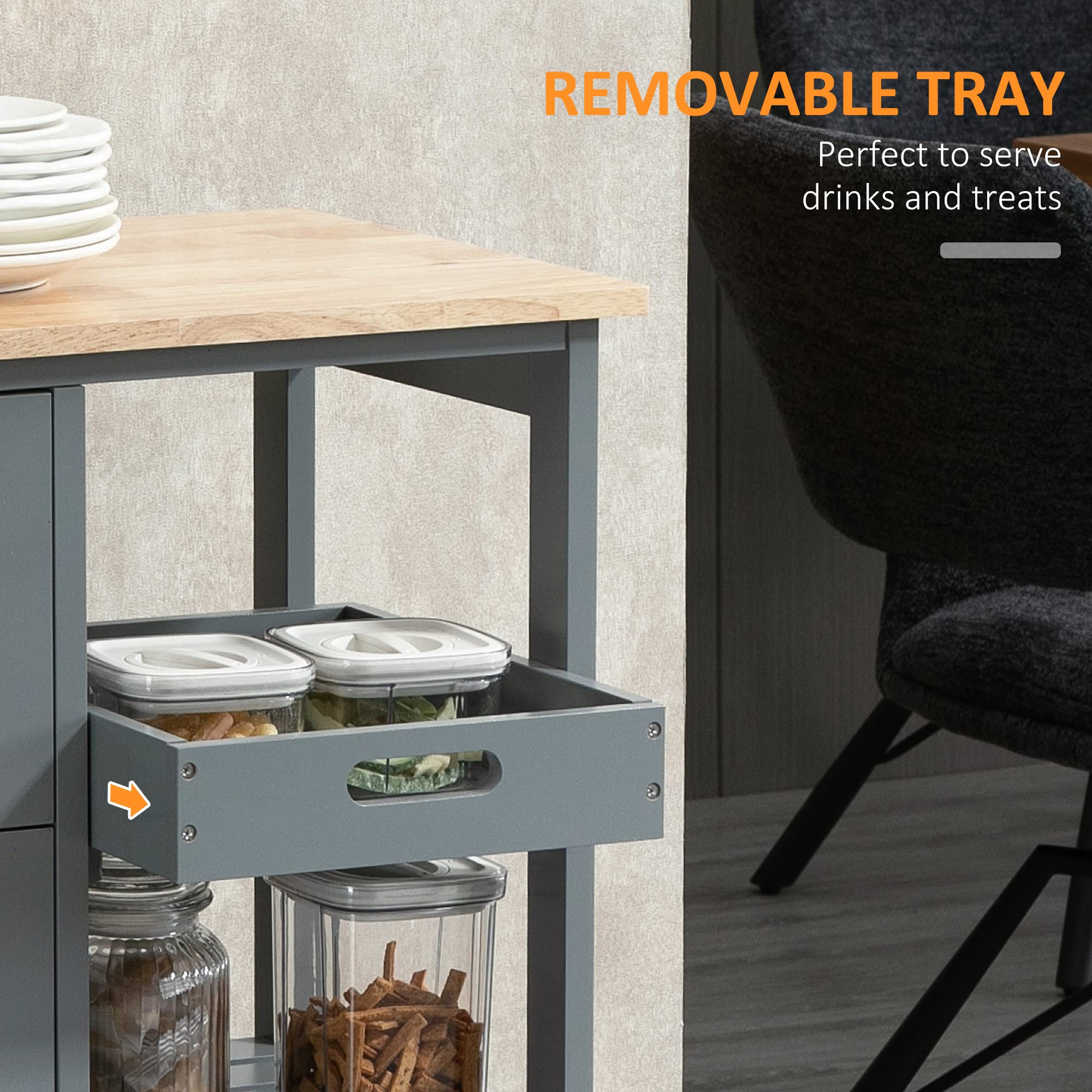 HOMCOM Rolling Kitchen Island Cart, Bar Serving Cart, Compact Trolley on Wheels with Wood Top, Shelves & Drawers for Home Dining Area, Grey