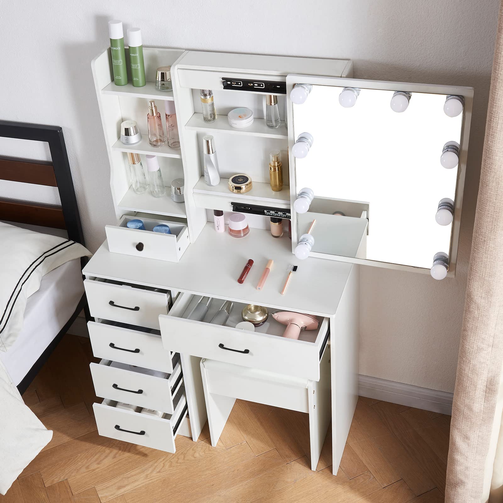 Jarbalai White Vanity Desk Makeup Table with Sliding Lighted Mirror, Modern Dressing Table with 5 Drawers and Cushioned Stool for Bedroom Furniture, Large Vanity Set Dresser