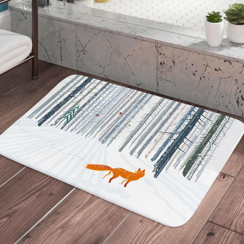 JAWO Winter Christmas Bath Mat Snow Covered Pine Trees Winter Season Animal Red Fox and Cardinals Idyllic Seasonal Scenery Bathroom Decor Bath Rug Non Slip Soft Rugs 29 x 17 Inches