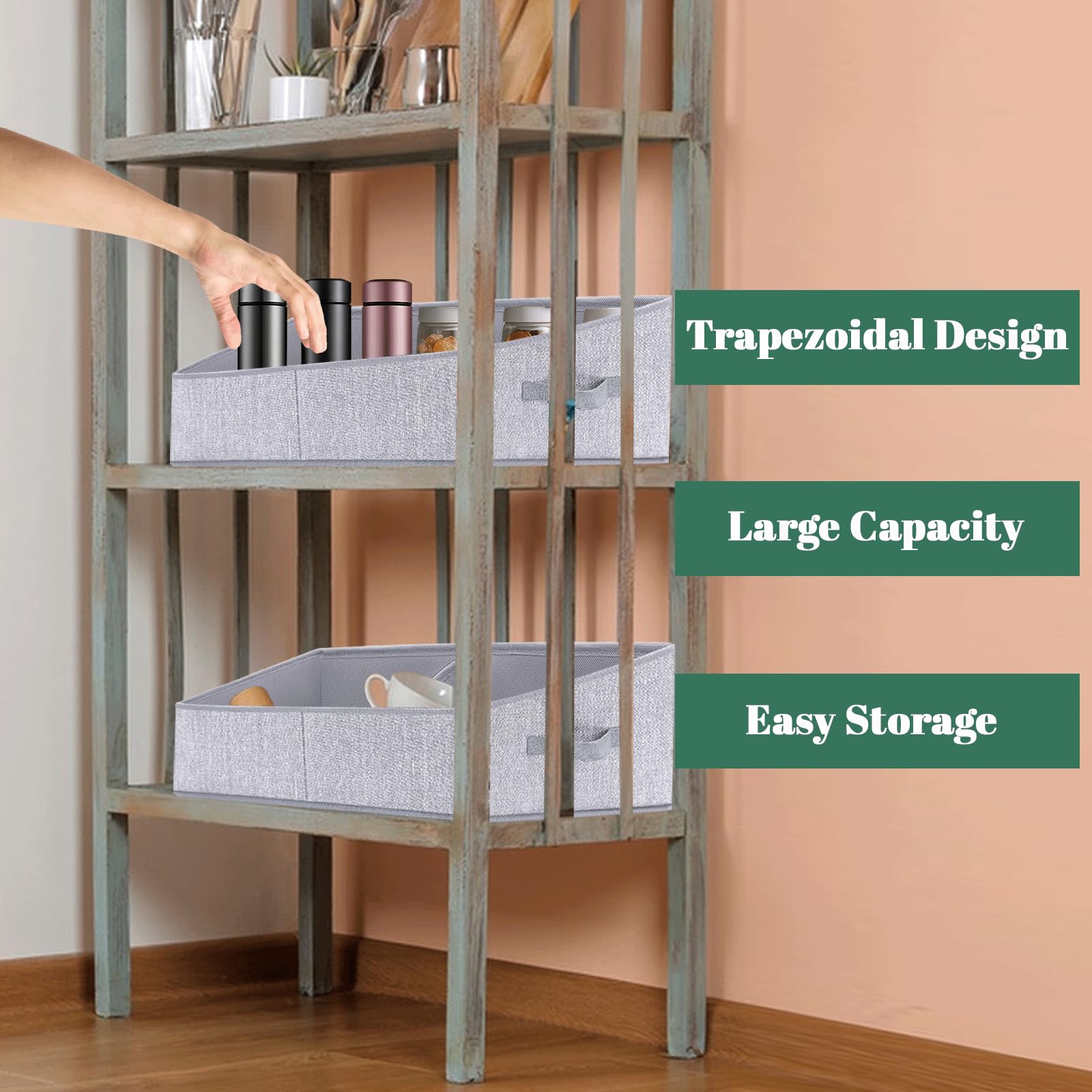 Yowmina Closet Storage Bins, Foldable Trapezoid Storage Bins, Closet Storage Baskets with Handle, Closet Shelf Organizer for Clothes, Toys, Towel, Books, Gray, 3 Pack