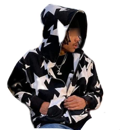 Vintage Star Print Hoodies Women Harajuku Punk Gothic Loose Hooded Sweatshirts Men Hip Hop Long Sleeve Zipper Jacket Y2K Clothes for Unisex