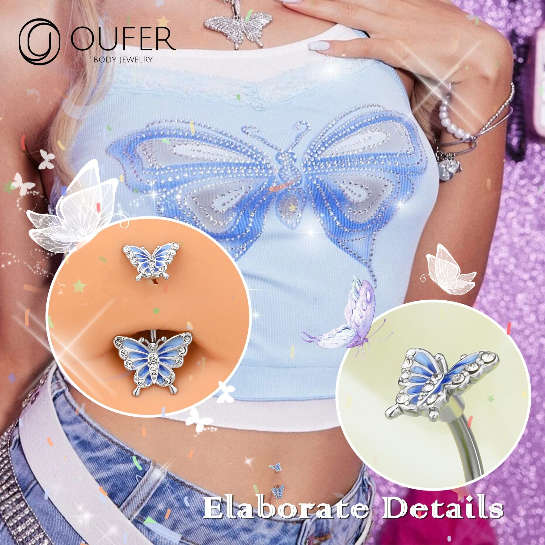 OUFER Butterfly Belly Button Rings, 14G 316L Surgical Steel Navel Piercing Jewelry, Navel Ring Barbell for Women