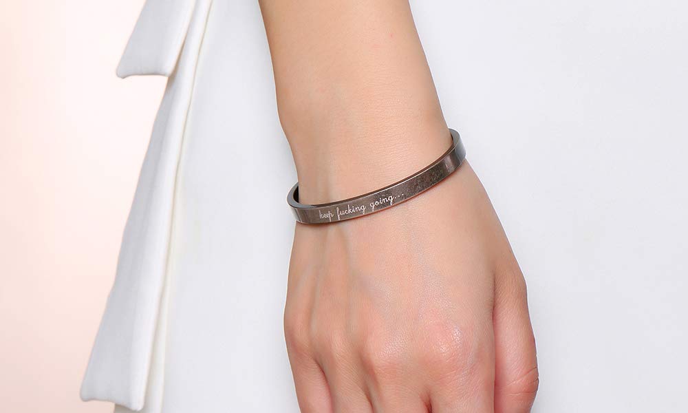 MEALGUET Personalized Cuff Bracelet Stainless Steel Inspirational Bracelets Free Custom Engraved Name Mantra Text Bangle Open Cuff Bangle for Men Women,Antique Grey, 6mm Width
