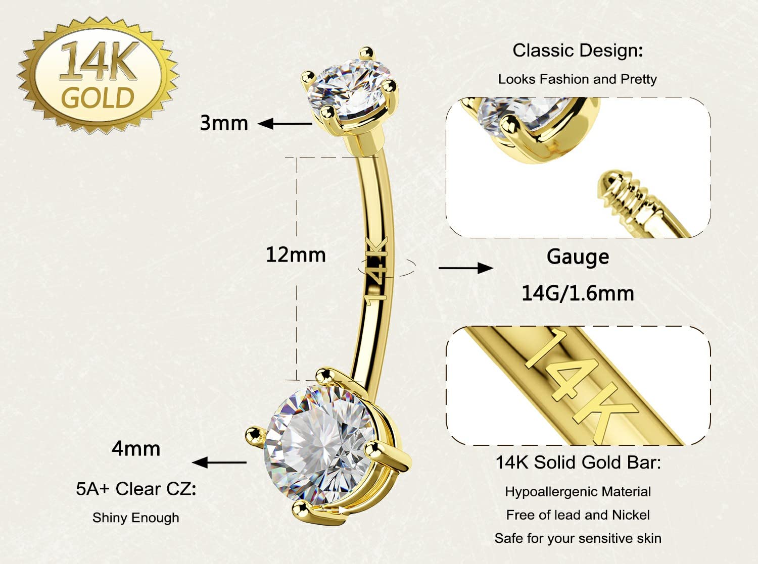 OUFER Gold Belly Button Rings, 14K Solid Gold Belly Rings, Shiny Clear CZ Belly Piercing Jewelry, Navel Rings, Long Navel Belly Rings For Women Men-14MM
