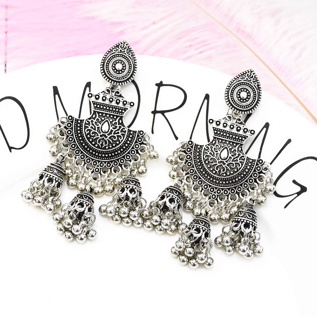 Jhumka Tassel Drop Earrings Bridal Dangle For Women Ethnic Afghan Silver Oorbellen Vintage Boho Tribal Egypt Nepal Gypsy Jewelry (Silver)
