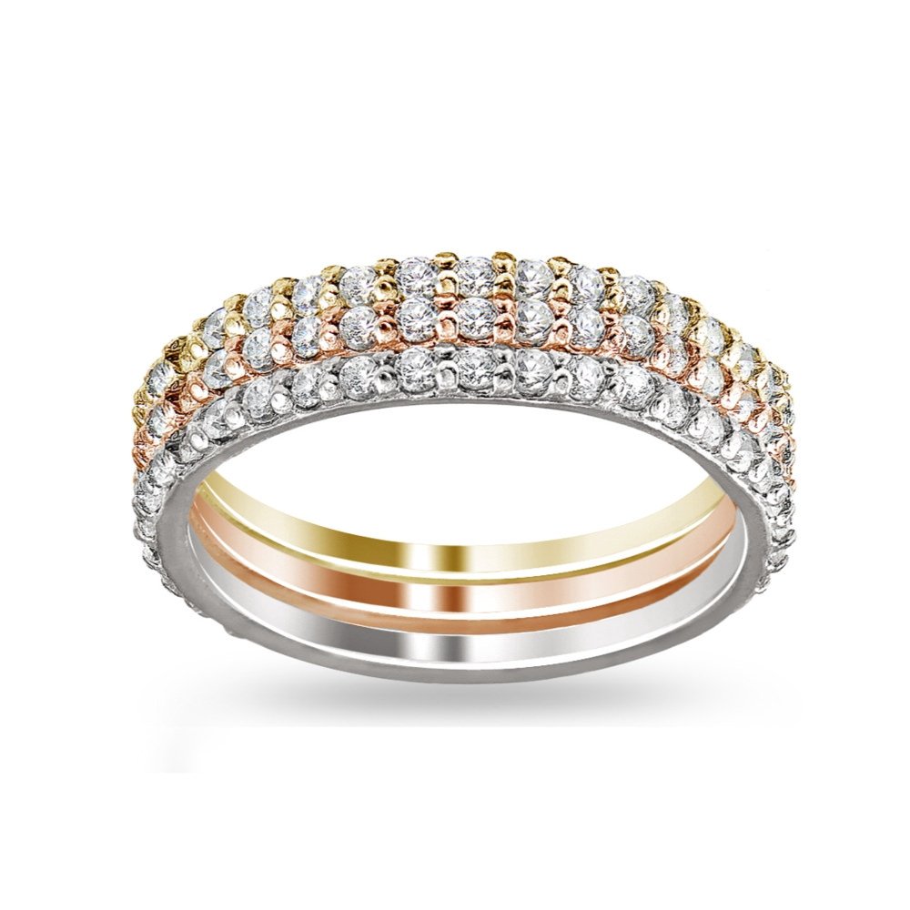 Hoops & Loops Sterling Silver Tri-Color Stackable Cubic Zirconia Eternity Band Ring Set, Size 5