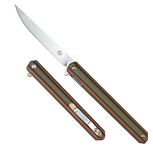 Samior G1035 Small Slim Folding Pocket Flipper Knife, 3.5 inch D2 Drop Point Blade, Green G10 Handle with Liner Lock Pocket Clip, Gentleman's EDC Pen Knives 1.3oz