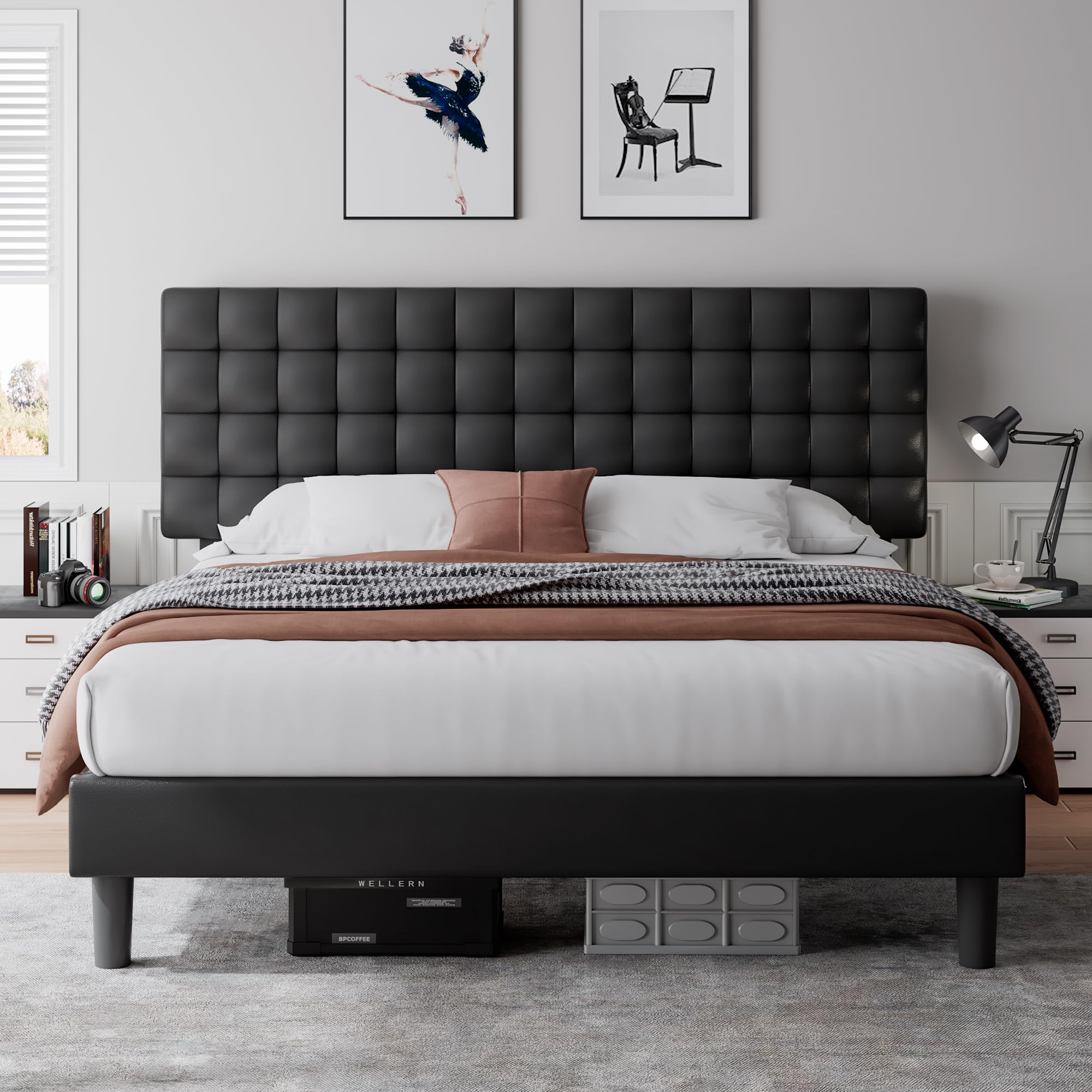 iPormis King Size Platform Bed Frame, Faux Leather Upholstered Bed Frame with Square Tufted Headboard, Wood Slats Support, No Box Spring Needed, Easy Assembly, Black