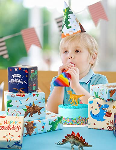 WERNNSAI Dinosaur Wrapping Paper - 10 Sheets Dinosaur Gift Wrapping Paper for Boys Girls 3 Styles Patterns Wrap Paper Rolls Happy Birthday Wrapping Paper Dino Party Favor Present (20ββ x 27ββ/ Sheet)