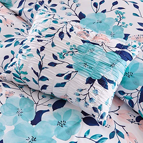 Intelligent Design Delle Comforter Set Full/Queen Size - Blue , Floral Stripes – 5 Piece Bed Sets – Ultra Soft Microfiber Teen Bedding For Girls Bedroom