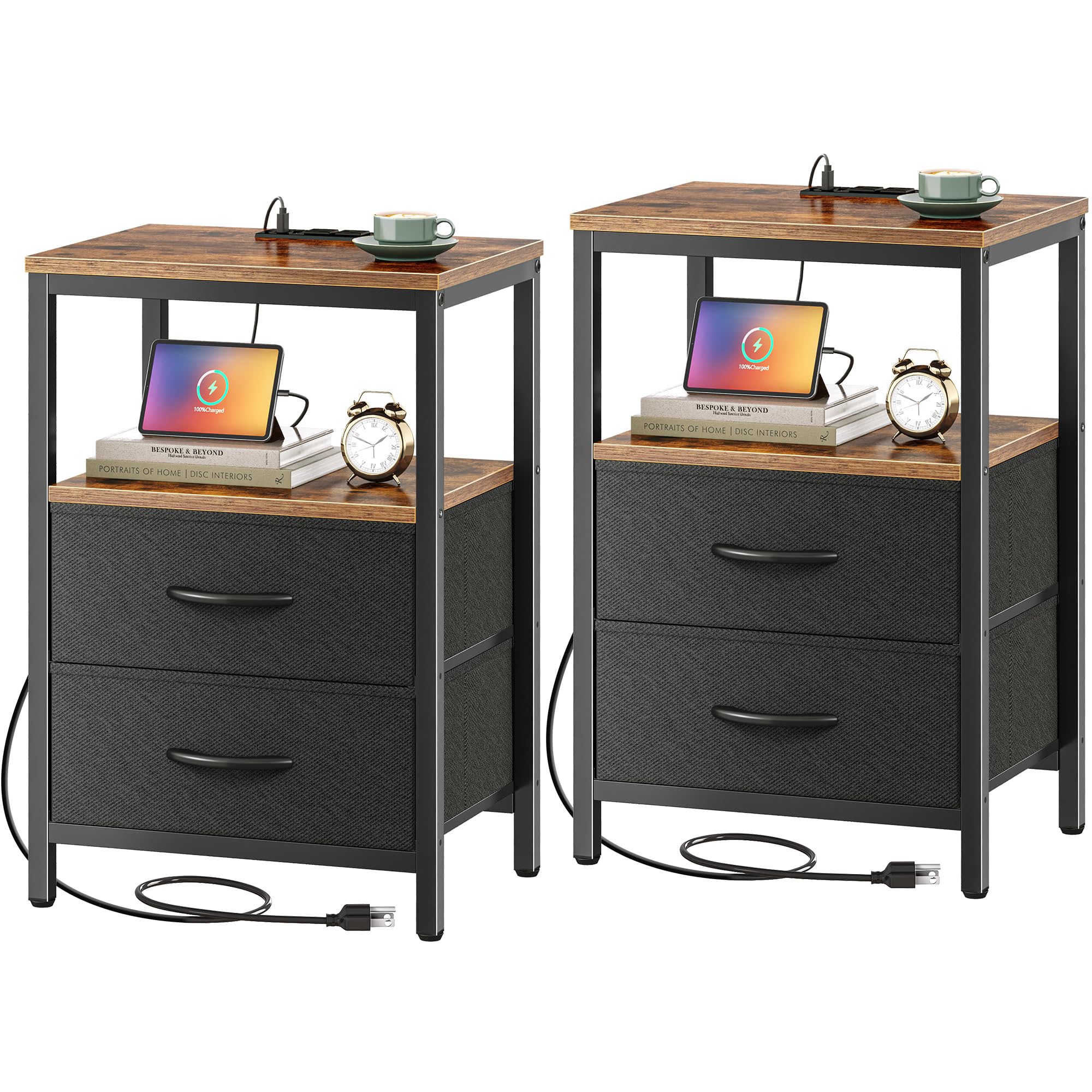 Huuger Nightstands Set of 2, End Tables with Charging Station, Side Tables with Fabric Drawers, Bedside Tables with USB Ports and Outlets, Night Stands for Bedroom, Rustic Brown and Black
