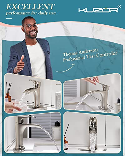 KUZOR Single Hole Bathroom Faucets Brushed Nickel, Waterfall One Hole Bathroom Faucet with Metal Pop Up Drain, Solid Brass Faucet for Bathroom Sink, Brush Nickel