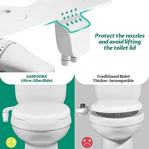 SAMODRA Ultra-Slim Bidet Attachment, Non-Electric Dual Nozzle (Frontal & Rear Wash) Adjustable Water Pressure Fresh Water Bidet Toilet Seat Attachment with Brass Inlet, Easy to Install (White-Silver)