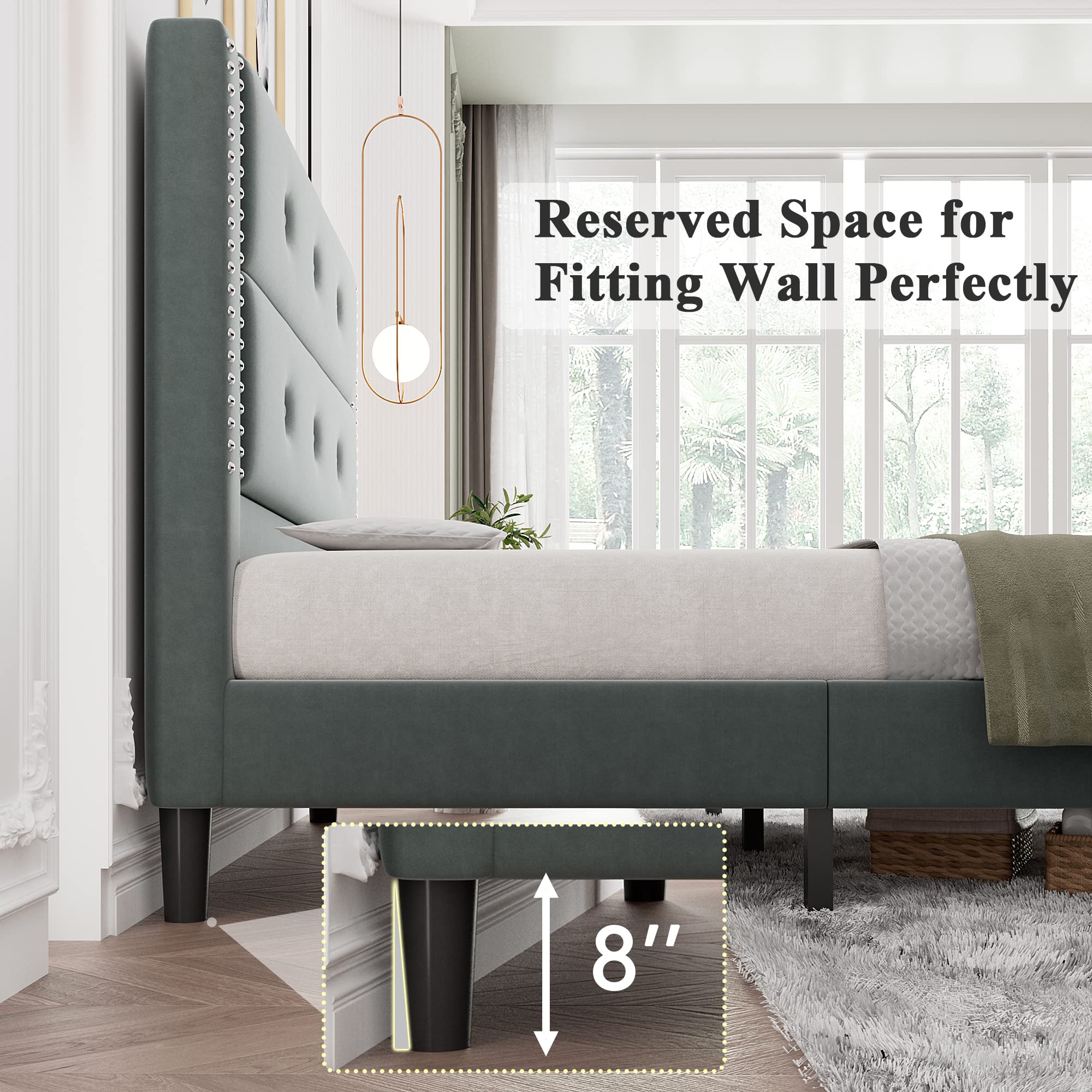 iPormis Queen Size Platform Bed Frame, Velvet Upholstered Bed Frame with Button Tufted & Nailhead Headboard, Wooden Slats Support, No Box Spring Needed, Noise-Free, Gray