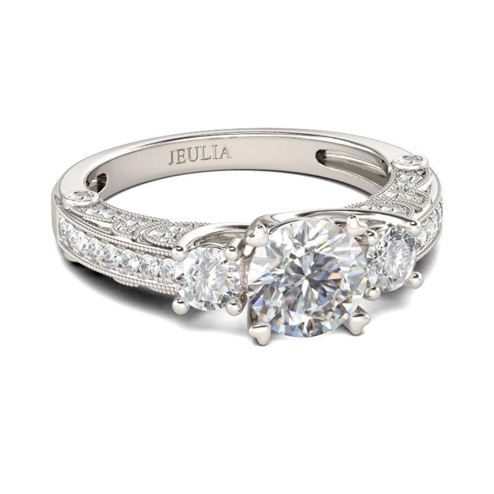 Jeulia Milgrain Three Stone Round Cut Sterling Silver Ring for Women Bride Girlfriend Wife Birthday Gift with Jewelry Box (8)
