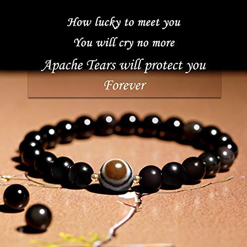 L&C Feng Shui Black Obsidian Beaded Bracelet - Women Mens 8MM Natural Obsidian Crystal Evil Eye Agate Relief Reiki Healing Stone Protection Link Bracelet Bring Luck Prosperity Wealth (Black Evil Eye)