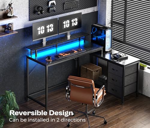 Huuger Reversible L Shaped Computer Desk with Drawers, Gaming Desk with LED Lights and Power Outlets, Office Desk with Storage Shelves, for Home & Office, Black