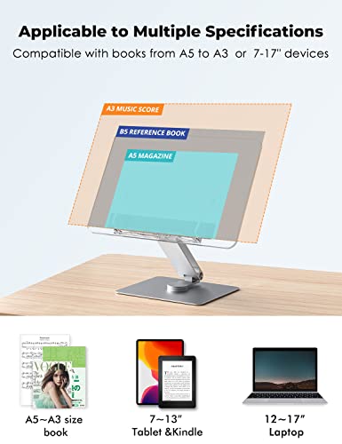 viozon Acrylic Book Stand for Reading,Cookbook Holder, Adjustable Height&Angle, 360° Rotating Base, Aluminum, Foldable & Portable, for Office, Kitchen, School Textbook, Recipe, Magazine,Tablet,Laptop