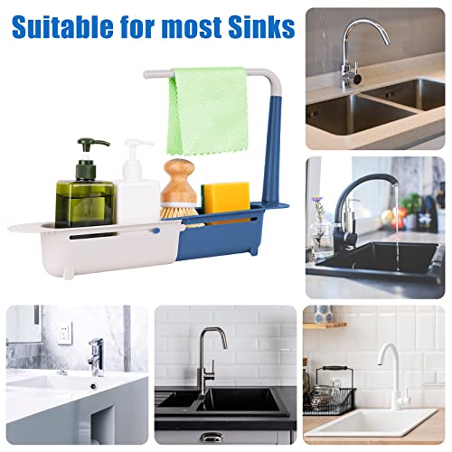 NiHome Telescopic Kitchen Sink Organizer with Towel Hanger and Expandable Drain Basket - Adjustable Length Multifunctional Caddy for Home and Bathroom Storage (Blue/White)