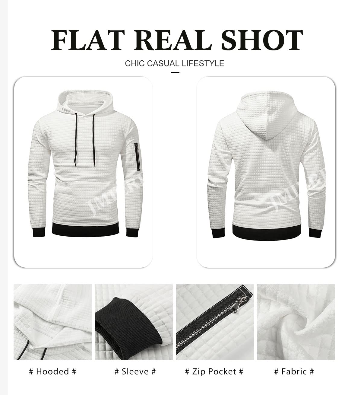 JMIERR Mens Hooded Sweatshirt Long Sleeve Drawstring Waffle Knit Hooded Fall Hoodie with Kanga Pocket, US 43(L), White