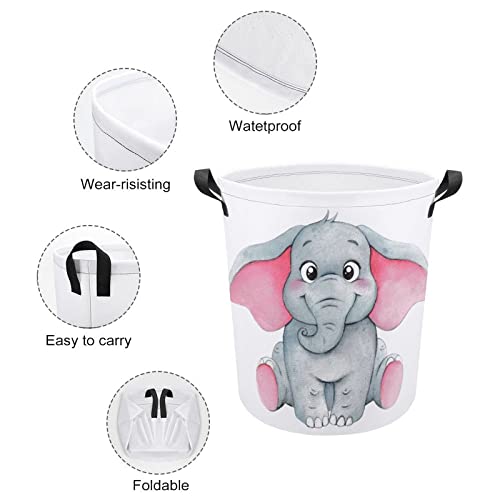 Watercolor Animals Waterproof Laundry Baskets Elephant Panda Hippo Collapsible Laundry Hamper with Handles Large Round Toy Bin for Dirty Clothes,Kids Toys,Bedroom,Bathroom